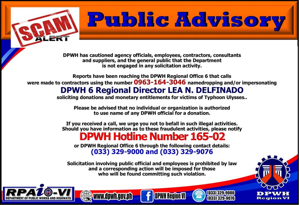 DPWH 6, nagpaandam sa scam nga nagagamit sang pangalan ni DPWH 6 ...